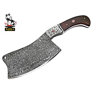 Sapra Damascus steel 10.75” Inches Meat Cleaver Chef Butcher Vegetable frozen Boning Cleaver Knife Heavy Duty Sharp Edge Full Tang Meat Cleaver Bone Copper with Genuine Leather Sheath