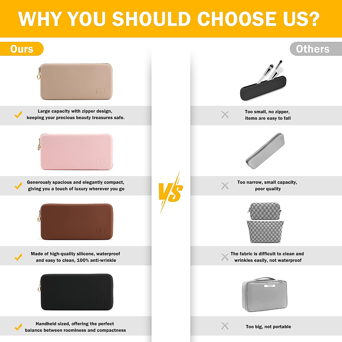 BEZOX Stylish Silicone Makeup Brush Bag - Travel Makeup Brush Holder, Portable Cosmetic Bag Zipper Pouch, Silicon Toiletry Bag Case - Khaki