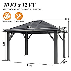 GARTOO 10' x 12' Patio Hardtop Gazebo - Outdoor Metal Hard Top with Breathable Mesh, Galvanized Steel Top Gazebo for Garden, Lawn, Outdoor Party (Black)