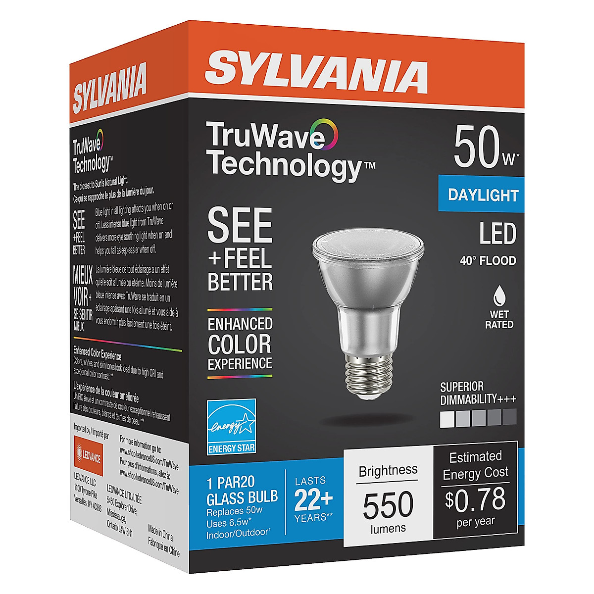 Sylvania LED TruWave Natural Series PAR20 Light Bulb, 50W Equivalent, Efficient 6W, Medium Base, Dimmable, 5000K, Daylight - 1 Pack (40921) White