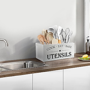 Suli Extra Large Kitchen Utensils Holder with 4 Compartments, Wooden Utensil Organizer for Kitchen Countertop, Farmhouse Kitchen Decor, Rustic Cooking Utensil - White