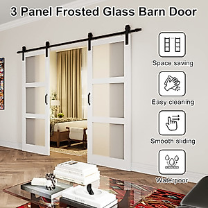 ARKHJEM Double Sliding Barn Door,60in(Double 30”×84in Frosted 3 Panel Glass Barn Door,Water-Proof PVC Surface,Hardware Kit Included, Assembly Needed,White
