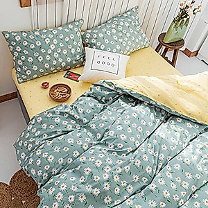 Sage Green Floral Duvet Cover Twin Soft Cotton Bedding Set Daisy Floral Printed on Green Bedding Duvet Cover, Modern Botanical Comforter Set with Zipper Closure