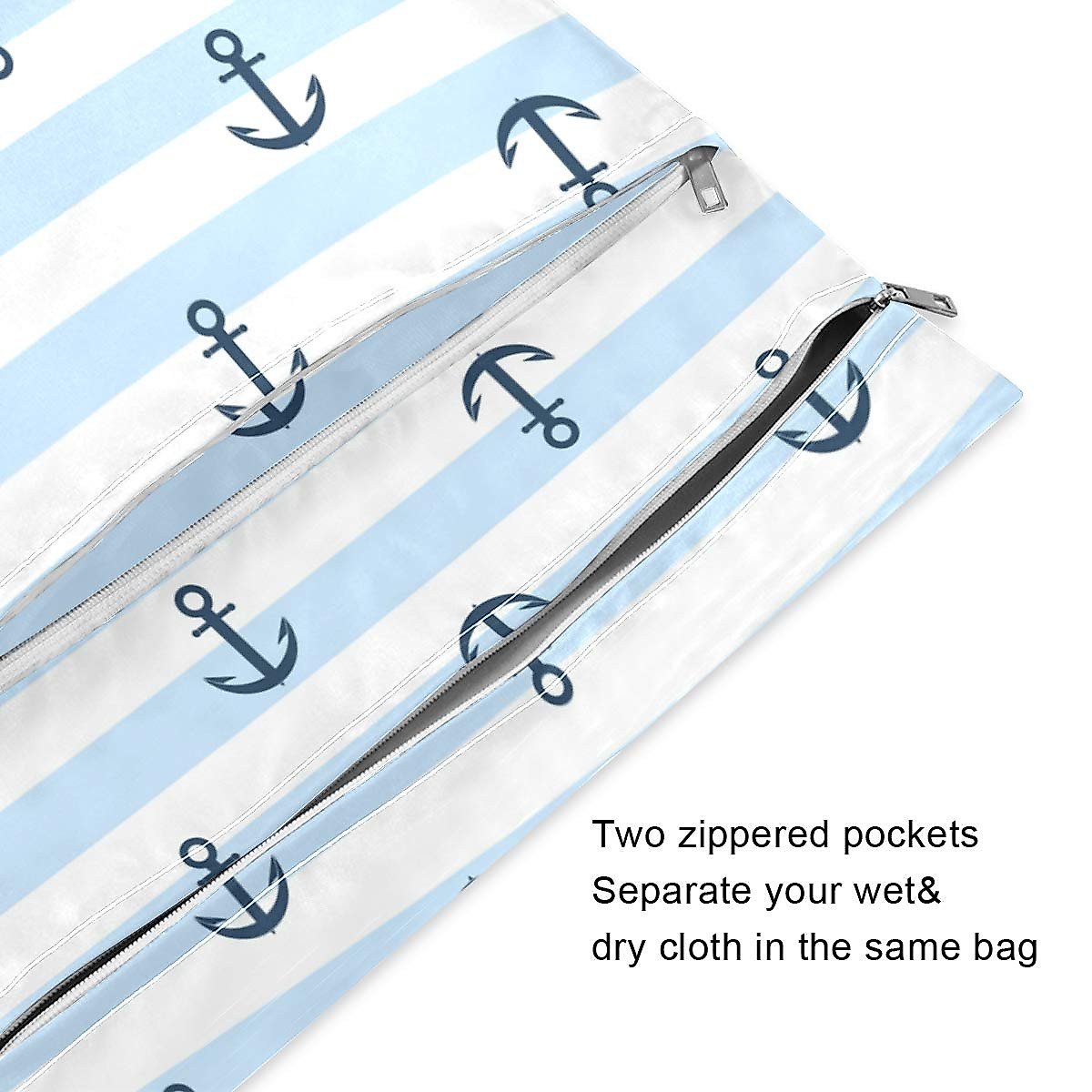 Waterproof Wet Dry Bag 2 Pack Nautical Anchor Stripe Pattern Cloth Diaper Bag Organizer Pouch Set with Zipper Pocket Washable Wet Bag for Travel Hiking Swimsuit