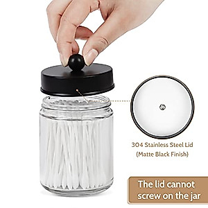 KUSVADO 2-Pack Bathroom Apothecary Storage Jars, Vanity Countertop Canister, Glass Jars Q-tip Holder, Cotton Swab Container, Bathroom Storage Container with 8 Pcs Waterproof Labels (9 Oz, Clear)