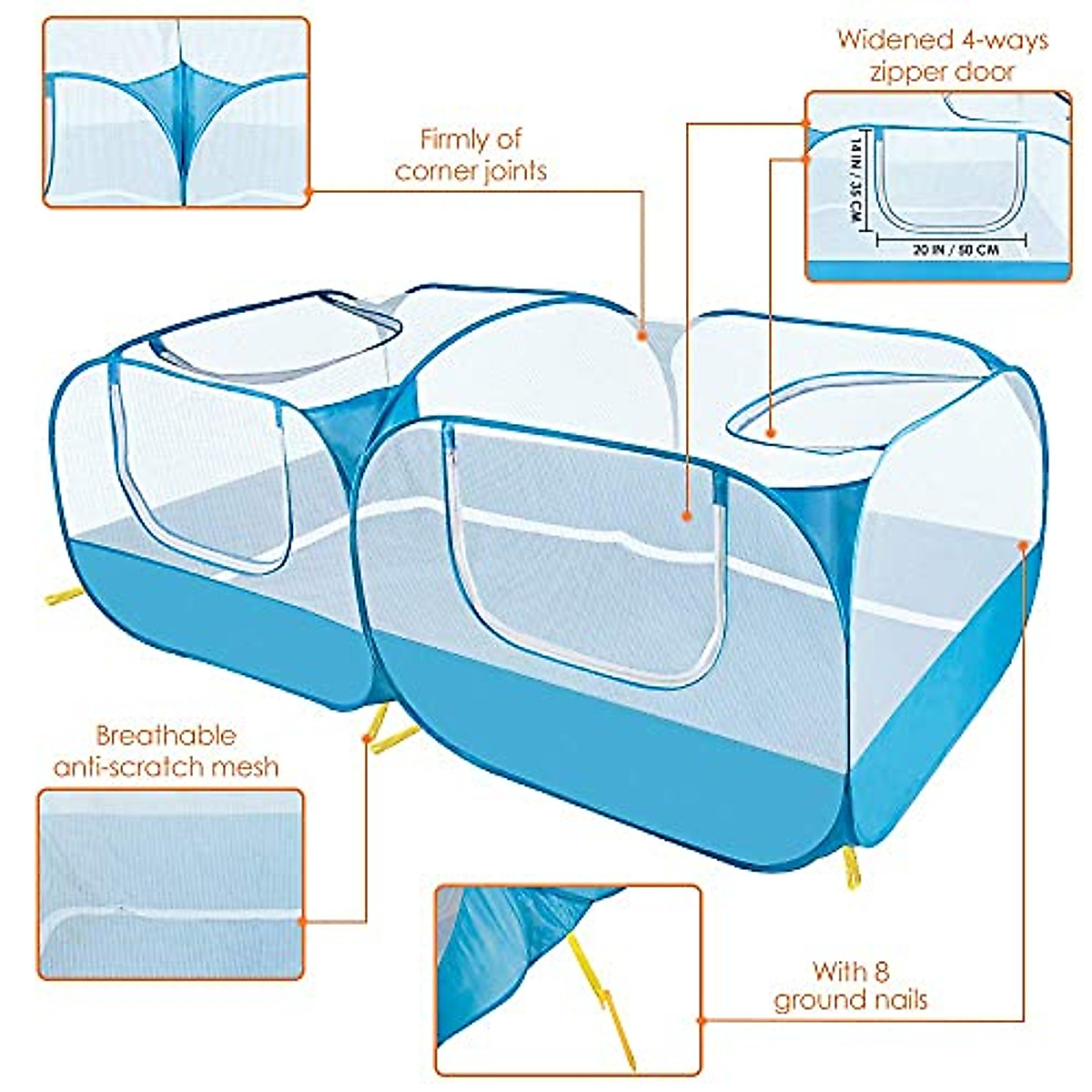 Lukovee Small Animals Playpen, Chicken Pen with Escape-Proof Detachable Bottom & 4 Zipper Doors, Breathable Foldable Portable Large Chicken Run Coop for Puppy Duck Kitten Rabbits Outdoor Yard (Blue)