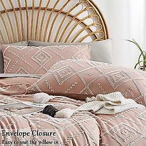 Senville Tufted Duvet Cover Queen Size,Jacquard Geometric Pattern,Soft Lightweight Pink Duvet Covers Set for All Seasons,3 Pieces Boho Shabby Chic Bedding Set with Zipper Closure(Pink,Queen)