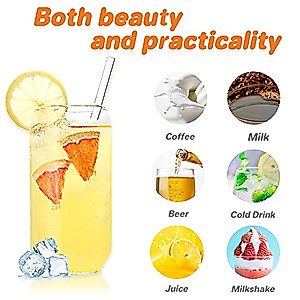 Drinking Glasses with Glass Straw and Bamboo Lids-4Pcs 16oz Can Shaped Glass Cups,2 Cleaning Brushes,Beer Glasses,Ideal for Whiskey,Cute Tumbler Cup,Iced Coffee Glasses,Cocktail,Soda, Tea,Gift