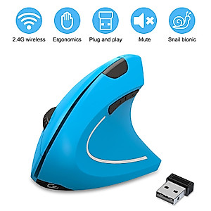 Vassink Ergonomic Mouse, Rechargeable Wireless Mouse, 2.4GHz Rechargeable Vertical Optical Mouse with USB Receiver, 6 Buttons for Laptop, PC, Computer (Blue)