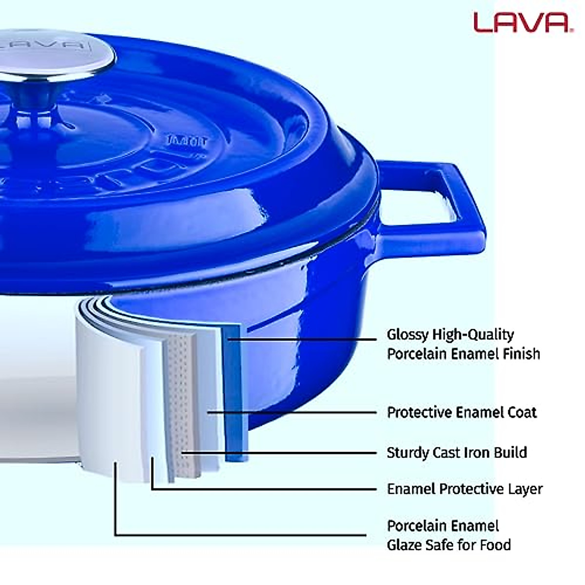LAVA 3.7 Quart Enameled Cast Iron Braiser: Multipurpose Stylish Blue Round Dutch Oven Pot with Glossy Sand-Colored Three Layers of Enamel Coated Interior and Trendy Lid