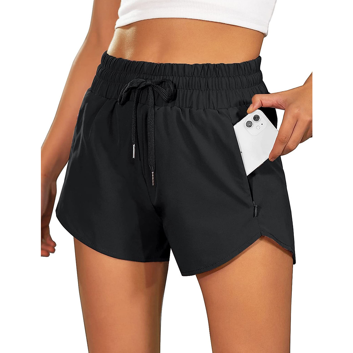 BMJL Women's Running Shorts High Waisted Athletic Shorts Summer Gym Workout Short with Zipper Pockets(M,Black2)
