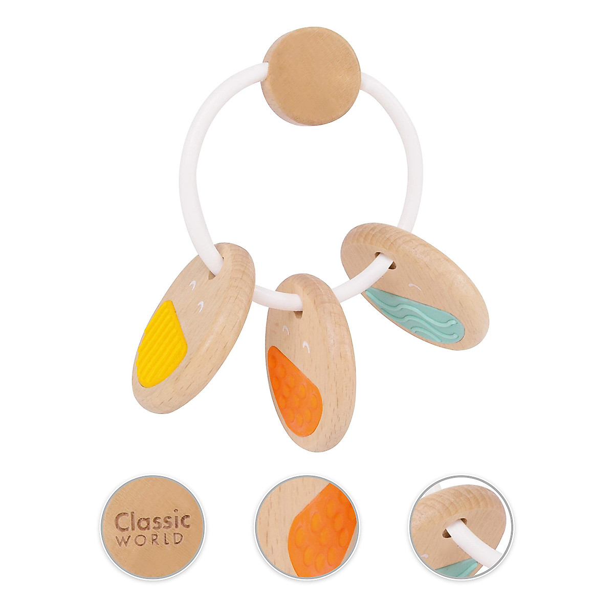 Classic World Wooden Rattle Teether Teething Toy Natural Teether, Rattle Key with Silicone, Wood Teether