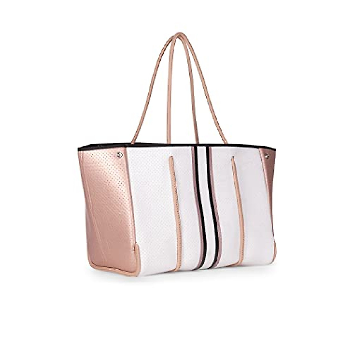 Haute Shore - Greyson Diva Neoprene Tote Bag w/Zipper Wristlet Inside, White W/Black, Rosegold & White Stripe