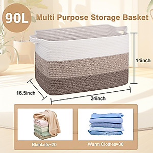 OIAHOMY Extra Large Blanket Basket, 90L Cotton Rope Woven Laundry Basket, Toy Basket for Baby Room, Basket for Blanket Storage in Living Room, 24''×16.5''×14'', Gradient Brown