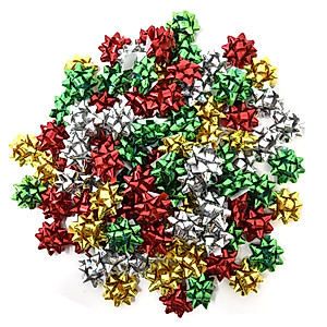 Gift Boutique 96 1" Mini Christmas Bows Self Adhesive for Wrapping Holiday Gifts Presents in Red Green Gold and Silver