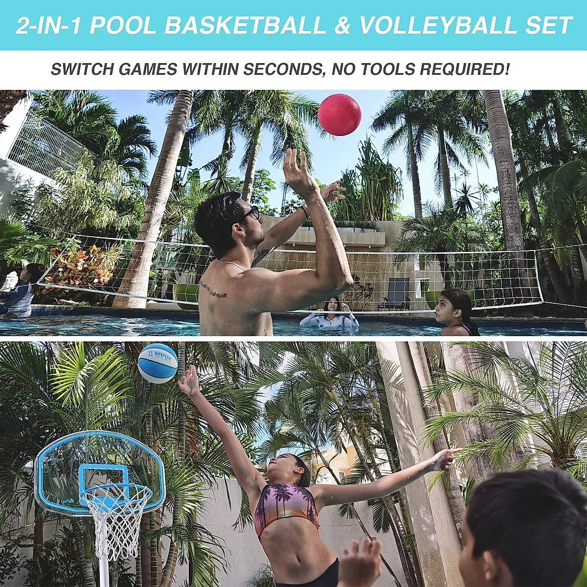 Dunn-Rite Clear Shot 2-in-1 Full Court Pool Basketball & Volleyball Game Set