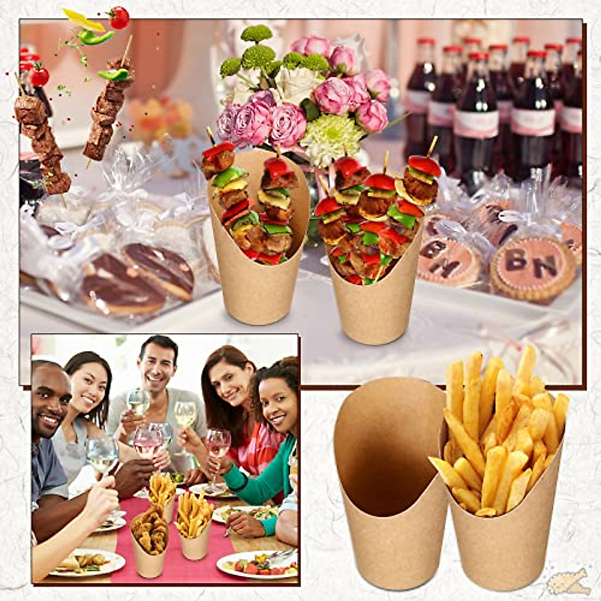 French Fries Holder 12oz French Fry Cups Disposable Paper Charcuterie Cups Popcorn Kraft Paper Cones Holder Brown Kraft Paper Food Fries Cup French Fry Paper Holder for Wedding Party Food(100 Pcs)