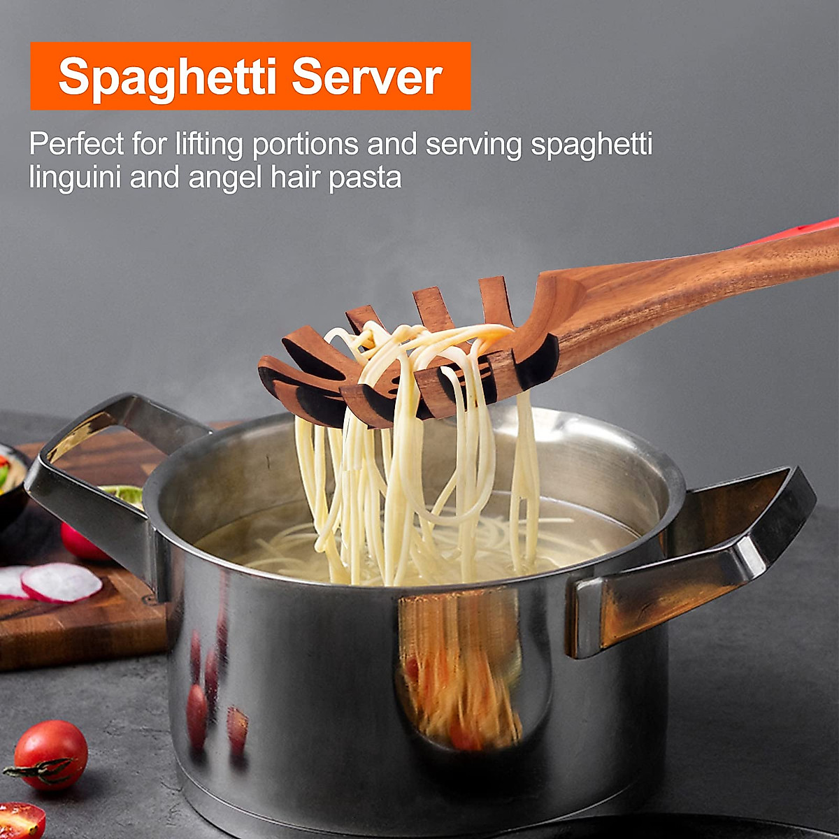 Best Wooden Pasta Spoon Spaghetti Fork 12.5 Inch Long Hand Pasta Serving Utensils Acacia Wood Spaghetti Server Spoon Pasta Forks Spaghetti Ladle Pasta Spatula Tool Noodle Spoon