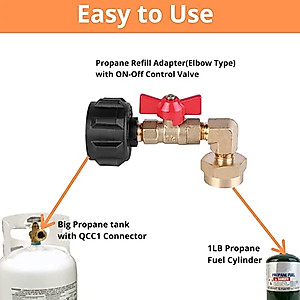 QCC1 Propane Refill Elbow Adapter for Small Propane Tanks, 90 Degrees Propane Refill Adapter Coupler with ON-Off Control Valve LP Gas Refill Fits for Camping Grill, BBQ Party 1 LB Tank Cylinder