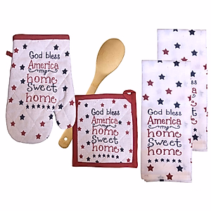 God Bless America Patriotic BBQ Americana Oven Mitt, Pot Holder, Kitchen Towels & Wooden Cooking Spoon 5 Piece Kitchen Set