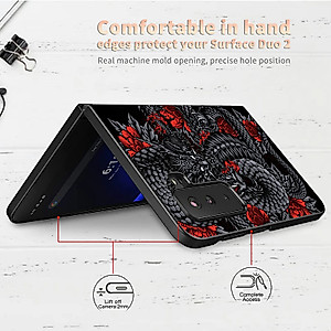 BWEGRHE Dragon Roses Designed for Microsoft Surface Duo 2 Case, Full Cover Ultra Thin PU Leather Back Hard PC Phone Case for Microsoft Surface Duo 2 2nd 2021
