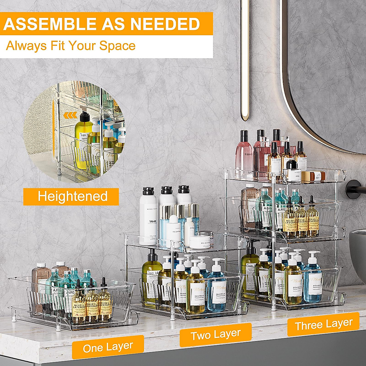 GoMaihe Bathroom Organizer Under Sink: 3-tier Clear Pull Out Medicine Cabinet Organizer - Sliding Storage Drawer for Makeup in Small Bathroom & Kitchen | Stackable & Anti-slip & Easy to Clean 2-pack