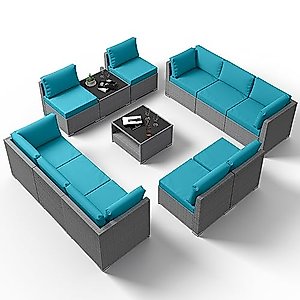 EAGLE PEAK 12 Piece Outdoor Wicker Patio Furniture Set with 2 Coffee Tables, PE Rattan Sectional Conversation Sofa Set with Seating for 10 People, Light Blue