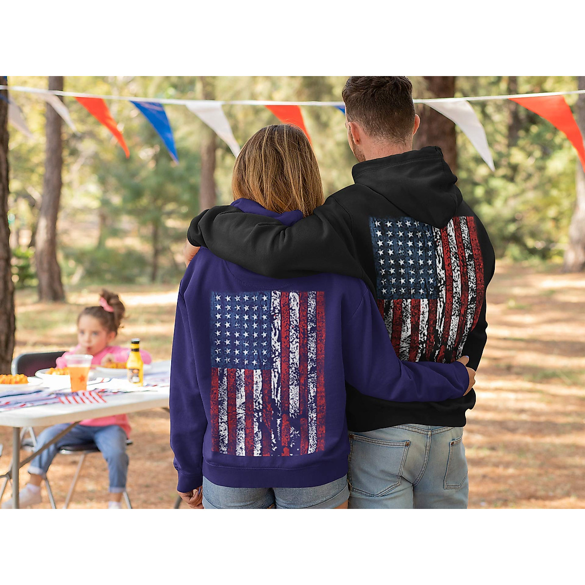 Lucky Ride American Flag Mens Sweatshirt United States USA Tattered Flag Hoodie, Black, S