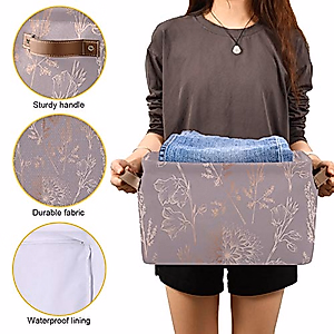 susiyo Large Foldable Storage Bin Rose Gold Elegant Floral Fabric Storage Baskets Collapsible Decorative Baskets Organizing Basket Bin with PU Handles for Shelves Home Closet Bedroom Living Room-2Pack