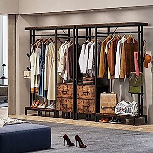 Tribesigns Freestanding Closet Organizer, Clothes Rack with Drawers and Shelves, 6 Hooks, Hanging Rods, Heavy-duty Garment Rack Wardrobe Closet Clothing Storage for Bedroom, Rustic Brown