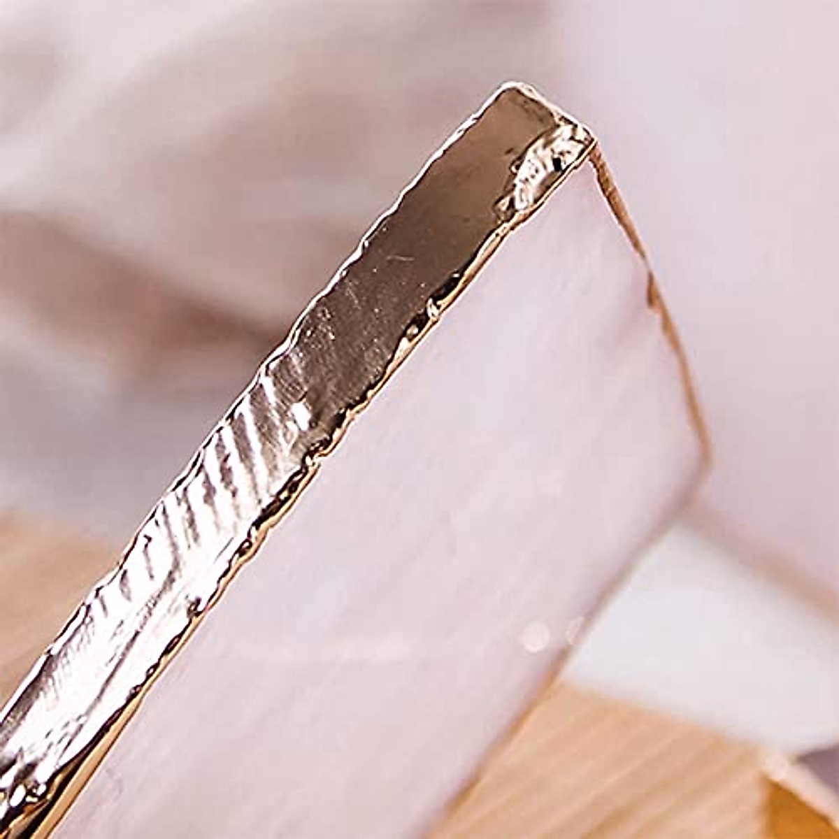 Rose Quartz Decor Coaster, Natural Pink Crystal Coasters Gold Edge Set of 4 (Square 3.5''-4)