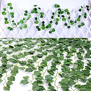 90 Inches-12 Pcs Artificial Grape Leaves Vines, Fake Ivy Leaves Plants Vine, Hanging Wedding Garland, Foliage Flowers Home Kitchen Garden Office Decor, Artificial Plant for Decoration