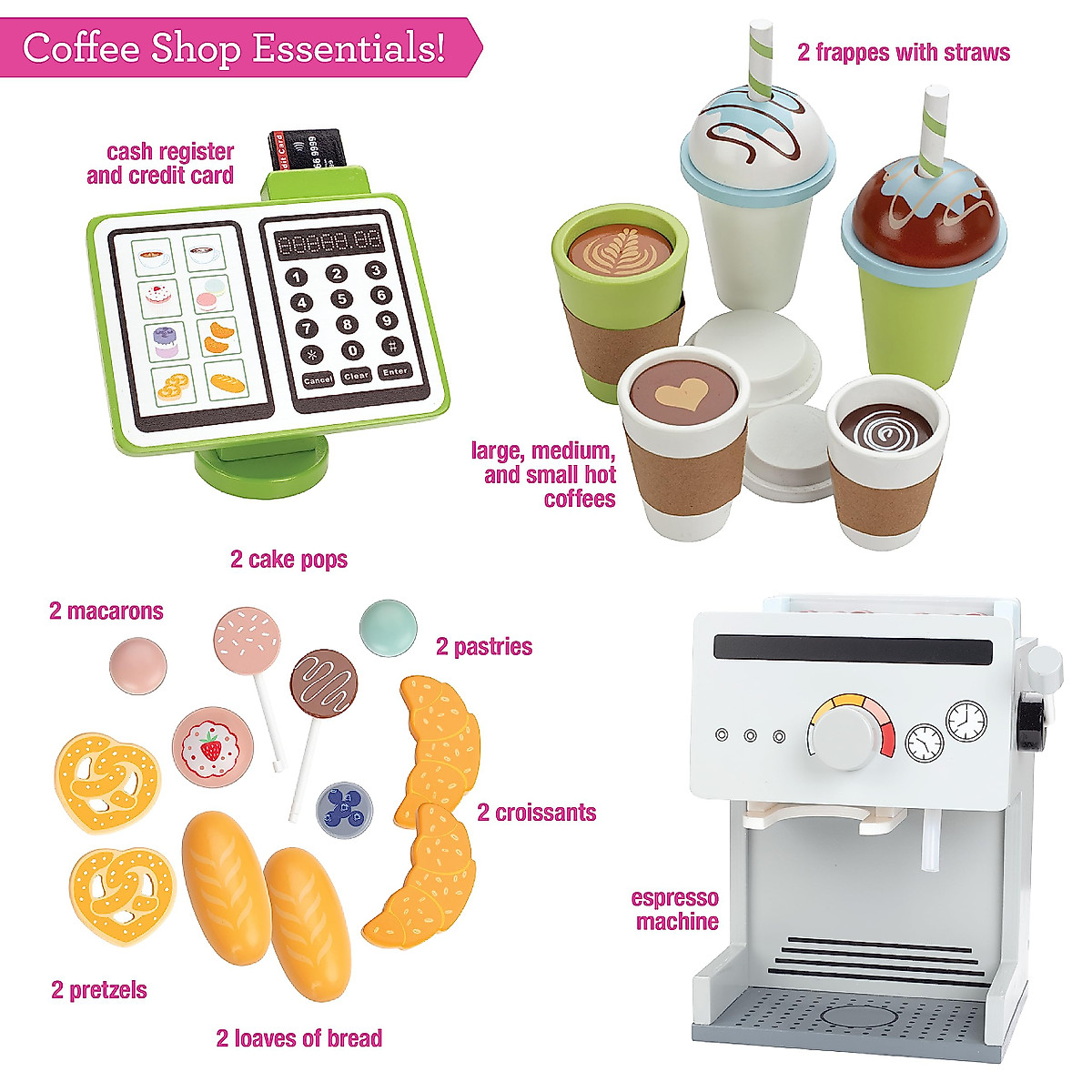 Pretend Coffee Shop Wooden Playset - Drive Thru Window Fun - Includes Frappuccino w Straws, Espresso Maker, Bread, Pastries, Rotating Cash Register, Coffee Cups, Apron- Over 25 Super Cute Play Pieces!