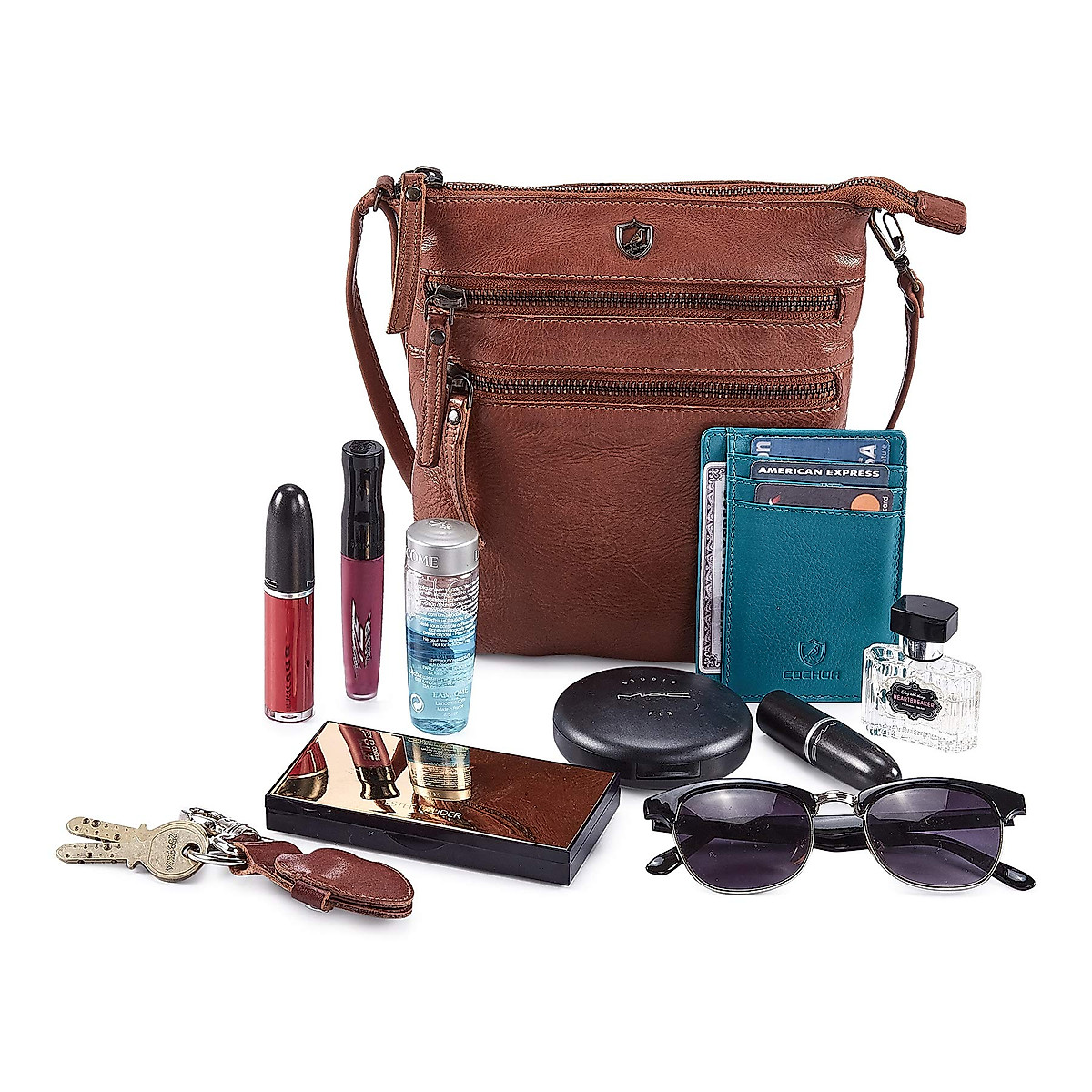 Crossbody Sling Bag for Women Small Real Leather Purse Vintage Travel Crossover Shoulder Bag Handmade (Cognac Washed Vintage)