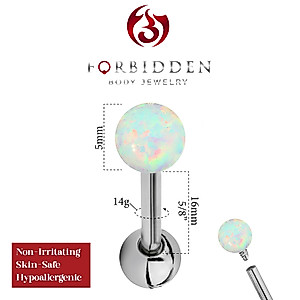 Forbidden Body Jewelry 14G 16mm (5/8 Inch) White Resin Imitation Opal Ball Top Tongue Ring Barbell