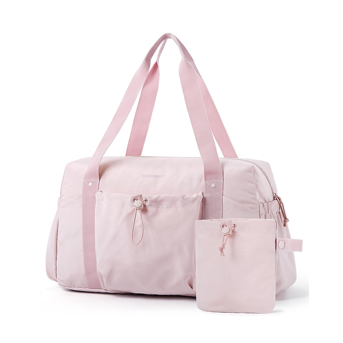 BAGSMART Foldable Travel Duffle Bag For Women, Gym Tote Bag for Sports, 26L Airport Carry On Weekender Overnight Bag for Travel, Travel Accessories(Baby Pink)