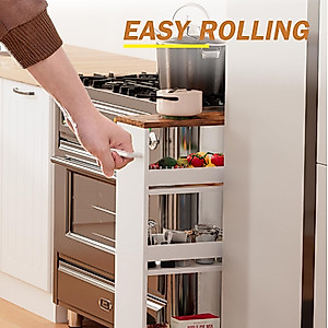 TEAMIX 4 Tier White Slim Storage Cart with Handle, Slide Out Storage Rolling Utility Cart Mobile Shelving Unit Organizer Trolley for Small Spaces Kitchen Laundry Narrow Places