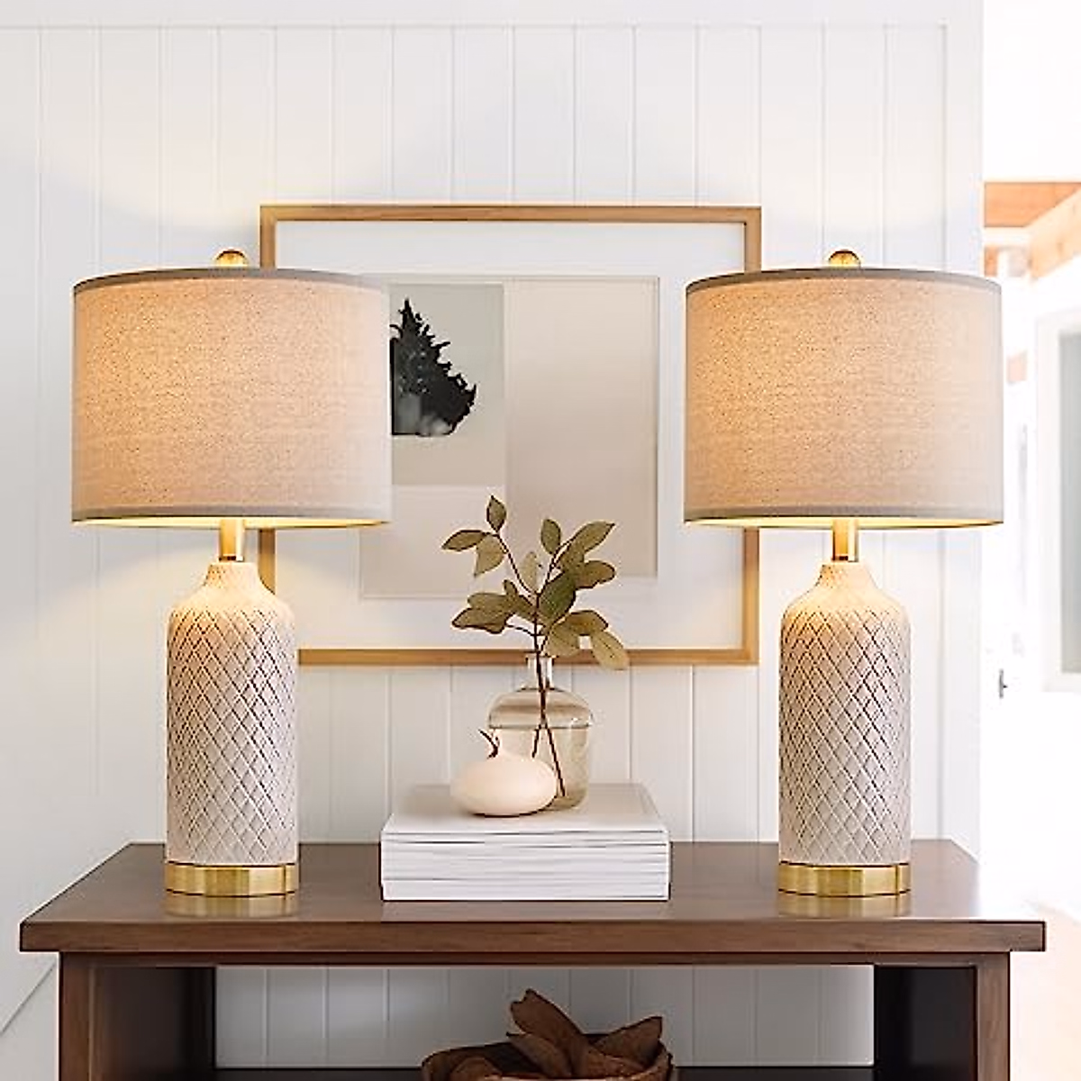 G-SAFAVA 24.25" Modern Ceramic Table Lamp Set of 2 White and Gold Lamp for Bedroom Living Room Bedside Lamps for Nightstand