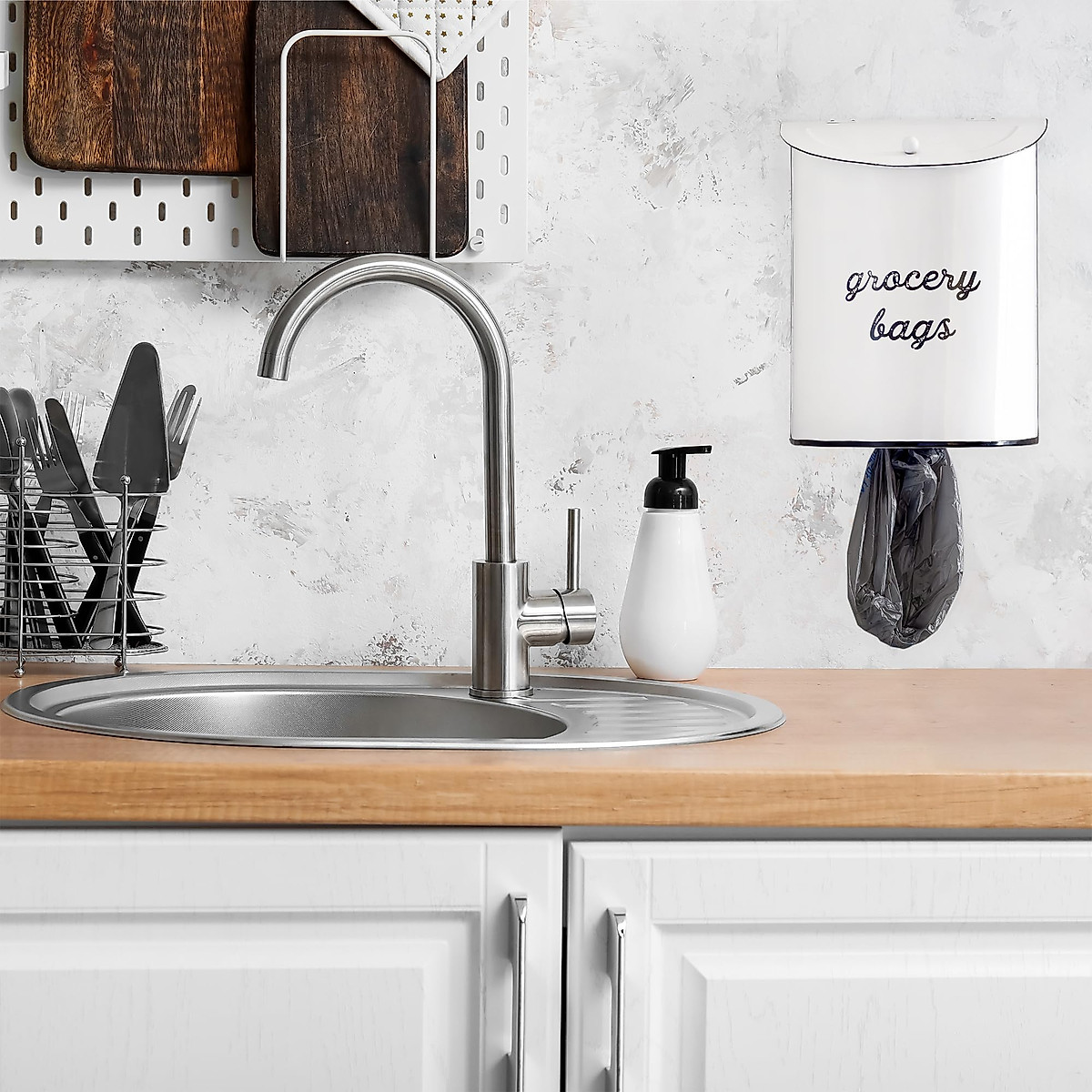 AuldHome Rustic Grocery Bag Holder; Wall-Mounted Vintage Enamelware Farmhouse Style Plastic Bag Dispenser for Kitchen or Laundry Room