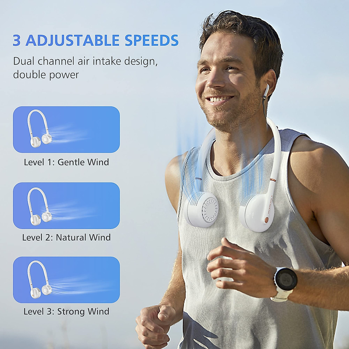 Comfier Portable Neck Fan,Hands Free Bladeless Personal Fans,Rechargeable Usb Fan,3 Speeds 360° Cooling, Wearable Personal Neck Fan for Women,Men,Kids,LED Lights,for Office Travel Outdoor Sports