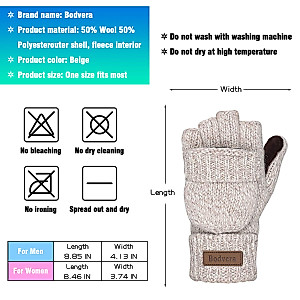 Bodvera Thermal Insulation Fingerless Texting Wool Gloves for Women and Men Winter Warm Knitted Convertible Mittens Flap
