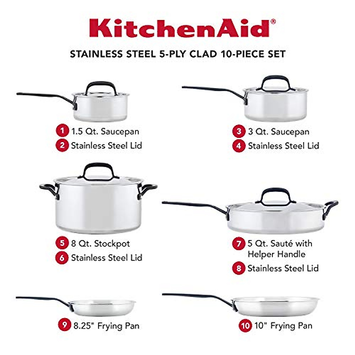 KitchenAid 5-Ply Clad Stainless Steel Cookware Pots and Pans Set, 10 Piece, Polished Stainless