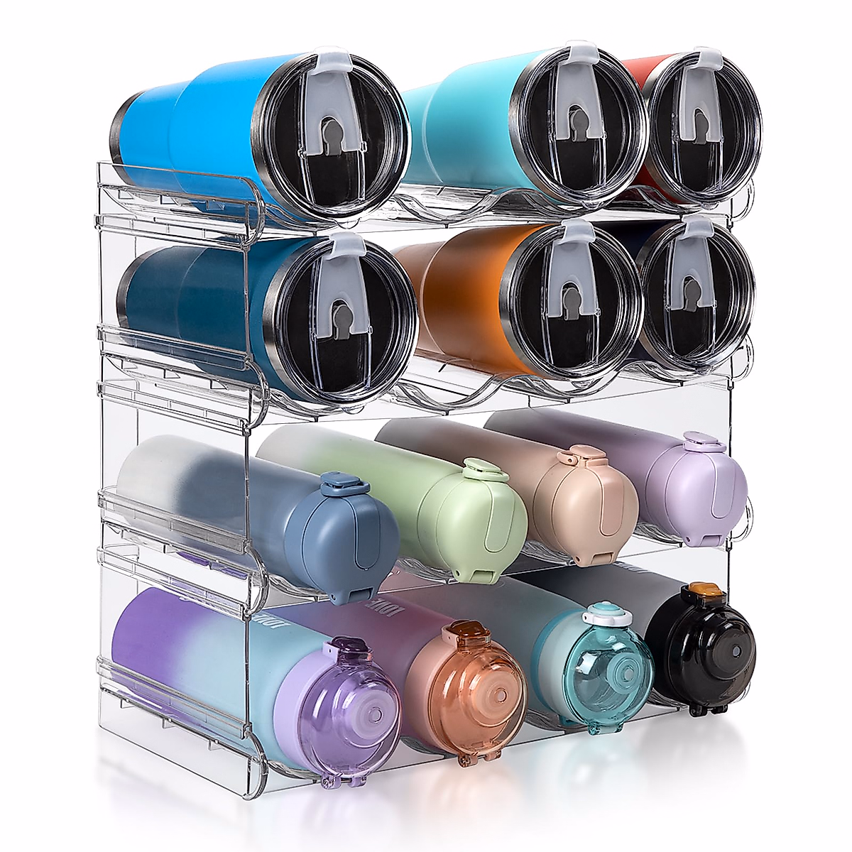 spospo Stackable Water Bottle Organizer, Large Compartment Water Bottle Holder, 4 Tier Clear Water Bottle Organizer for Cabinet, Bottle Rack for Kitchen Organization and Storage - Hold 16 Bottles