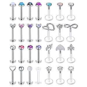 Zolure Cartilage Earring Tragus Helix Daith Conch Piercing Jewelry Lip Rings Labret Studs Stainless Steel Ear Ashley Piercing Jewelry for Women Men 16G 8mm 28pcs