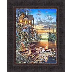 Summer Pleasures by Jim Hansel 17x21 Log Cabin Campfire Lake Sunset Framed Art Print Wall Décor Picture