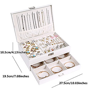 JACIEYU Large Jewelry Box Stud Earrings Rings Organizer for Girls, Big Exquisite Leather Jewelry Boxes Women Earrings Necklaces Bracelet Holder Organizeres (White)
