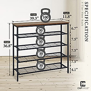 CAPHAUS 5-Tier Shoe Rack for Entryway, Industrial Shoe Storage Organizer, Large Shoe Shelf with Wood Board and Metal Mesh Shelves, Storage Table for Hallway, Living Room, Bedroom, Closet, Rustic Oak