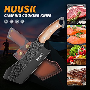 Huusk Meat Cleaver Knife with Sheath, Forged Full Tang Butcher Knife for Meat Cutting Black Viking Knife for Vegetables Cooking Knife for BBQ Camping Outdoor Gifts for Dad Thanksgiving Christmas Gift