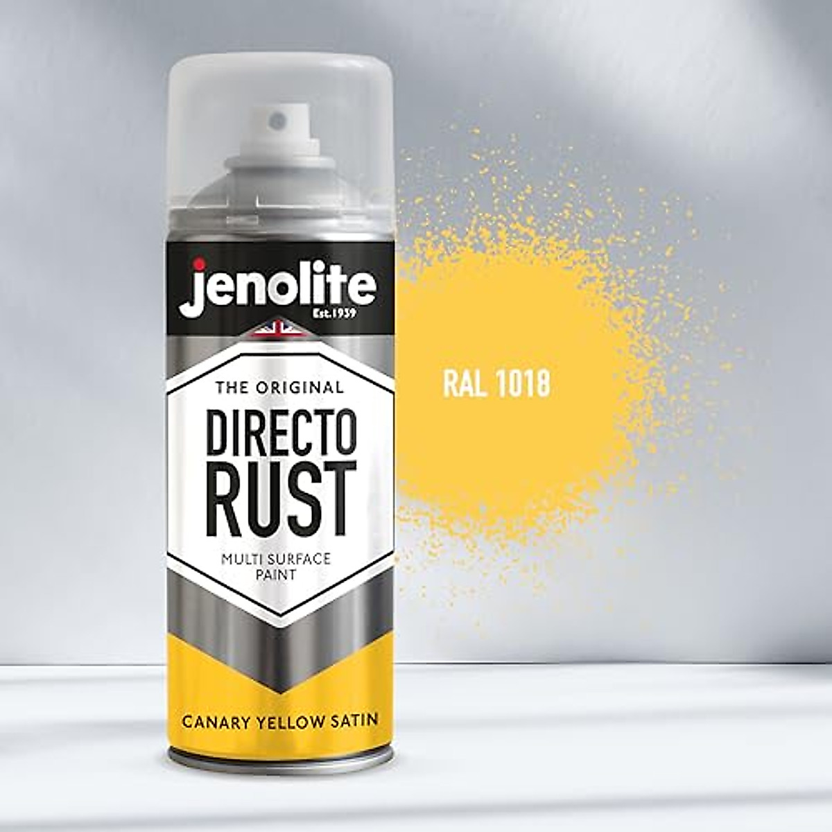 JENOLITE Directorust Satin Spray Paint | CANARY YELLOW | 400ml (13.52fl oz) | Semi-Gloss Spray Paint | Wood, Metal, Plastic, Ceramic & Rusted Surfaces | Interior & Exterior Use | RAL10018