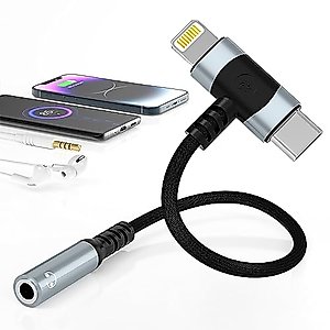 Lightning & USB-C to 3.5 mm Headphone Jack Adapter 2-IN-1 Headphone Adapter for iPhone Type C to 3.5mm Female Headphone Jack Adapter for ipad/iPhone15/14/13/12/11/8/7/Samsung/Pixel-MFI Certified